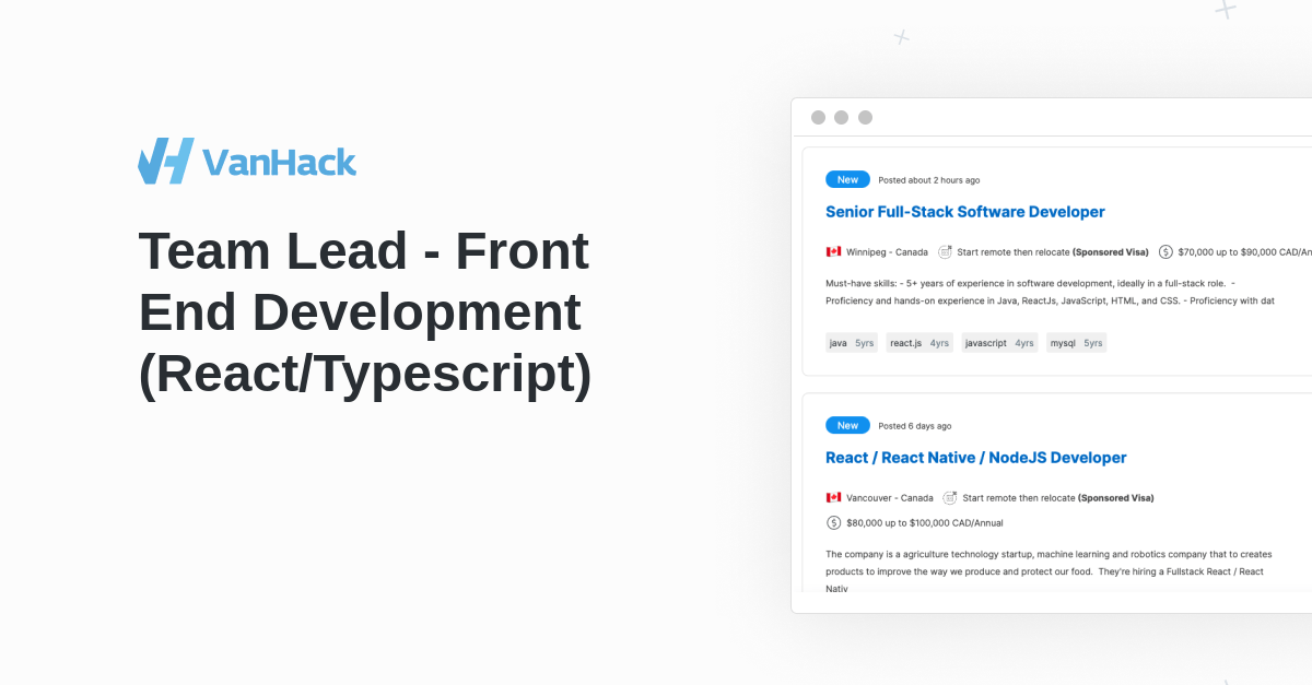 Team Lead Front End Development React Typescript Vanhack
